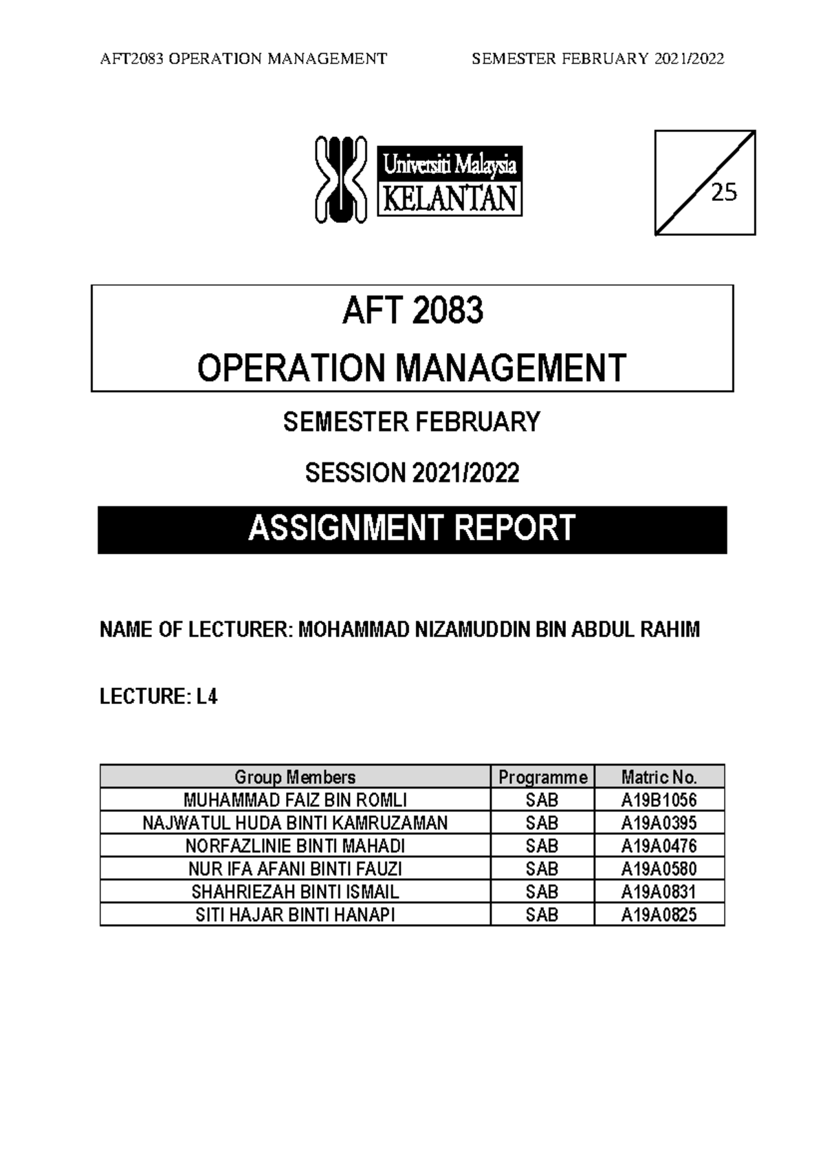 AFT 2083 Assignment Report: Operation Management Strategies - Studocu