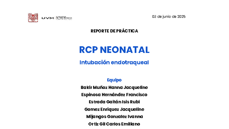 Práctica de RCP Neonatal y Técnicas de Intubación Endotraqueal - Studocu