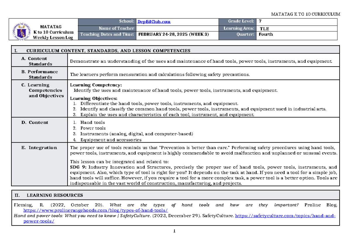 DLL Matatag TLE 7 Q4 W3: Weekly Lesson Log on Tools & Equipment - Studocu
