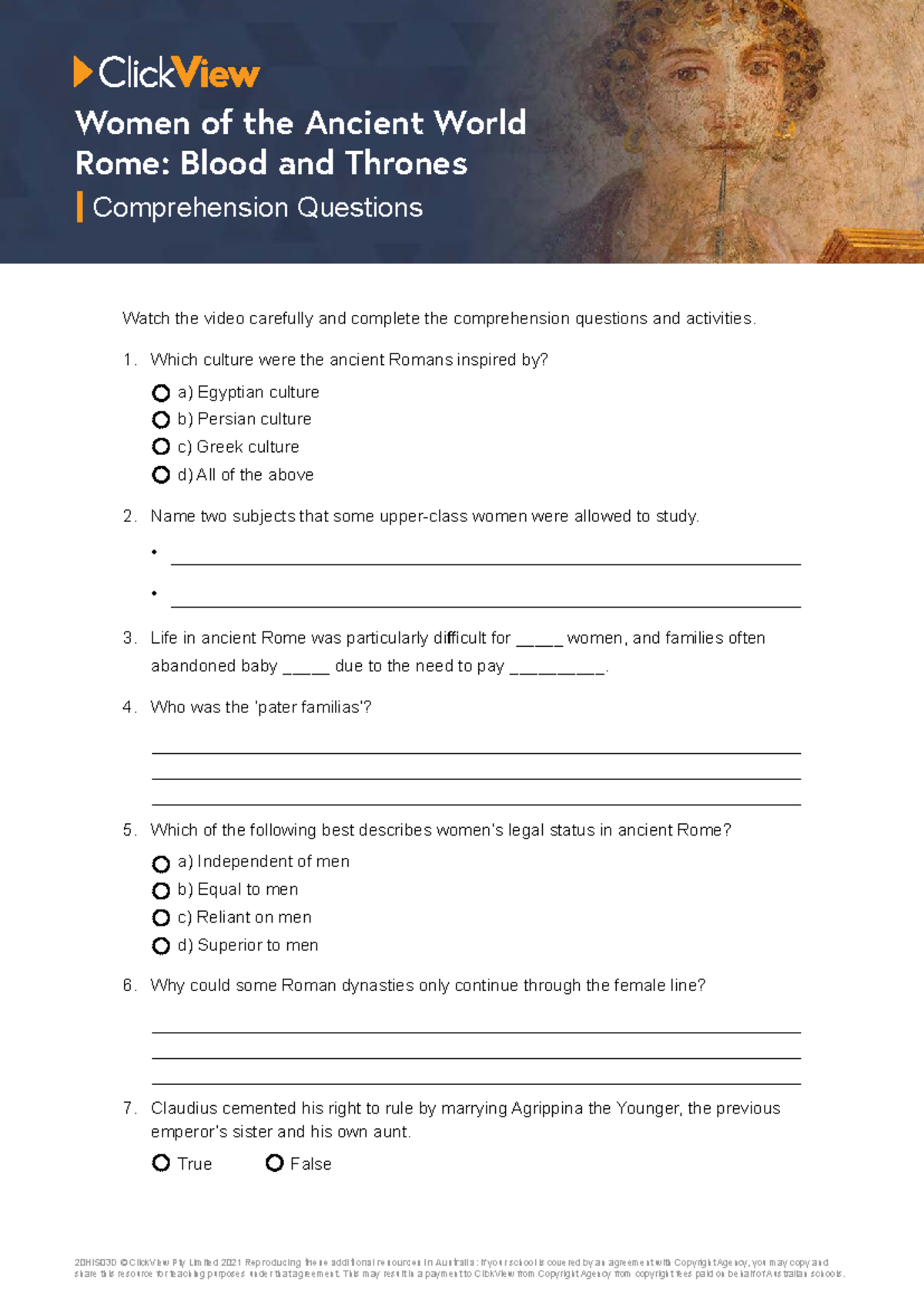 HIS20: Women of Ancient Rome - Blood and Thrones Comprehension Qs - Studocu