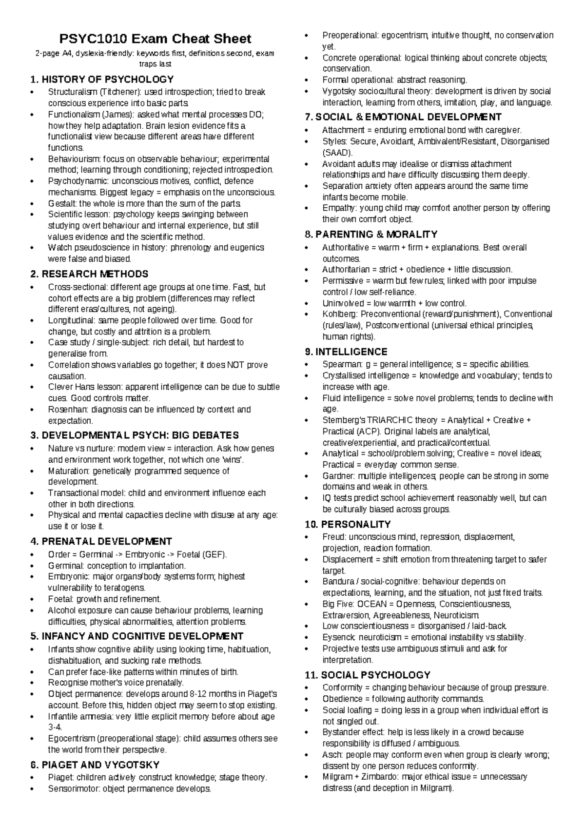 PSYC1010 A4 Exam Cheat Sheet: Key Concepts & Traps in Psychology - Studocu