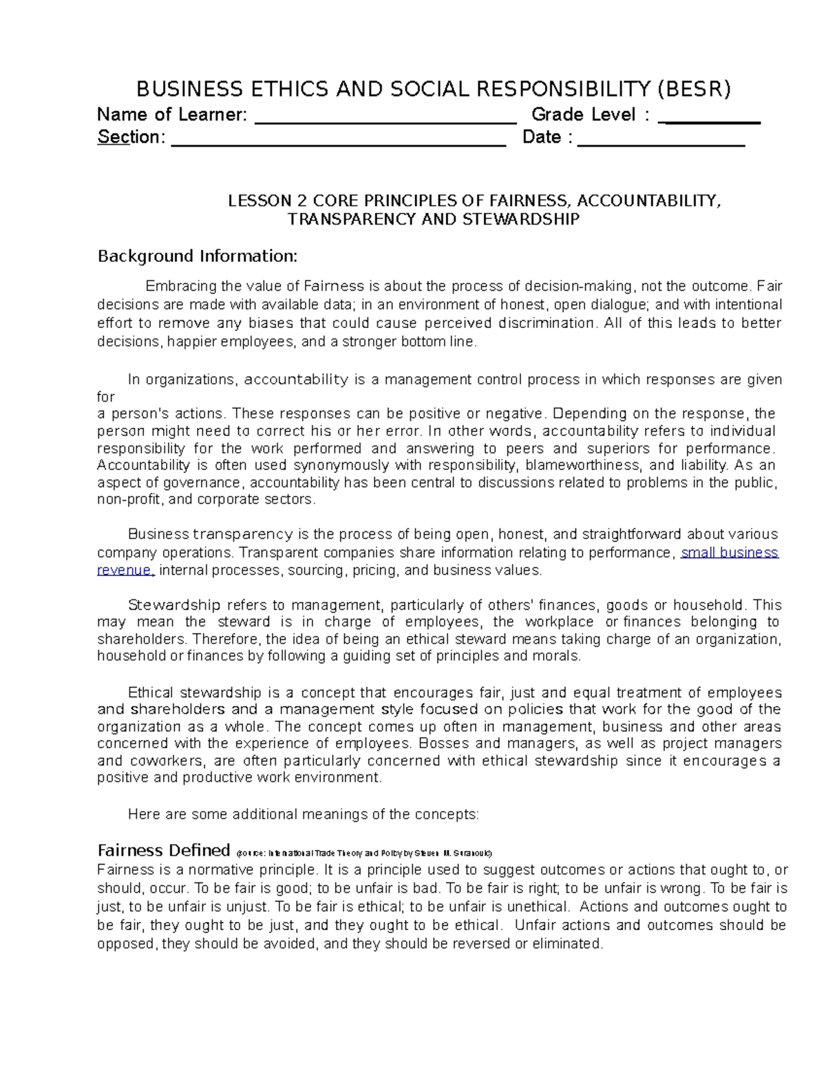 ABM Business Ethics and Social Responsibility Lesson 2 Summary - Studocu