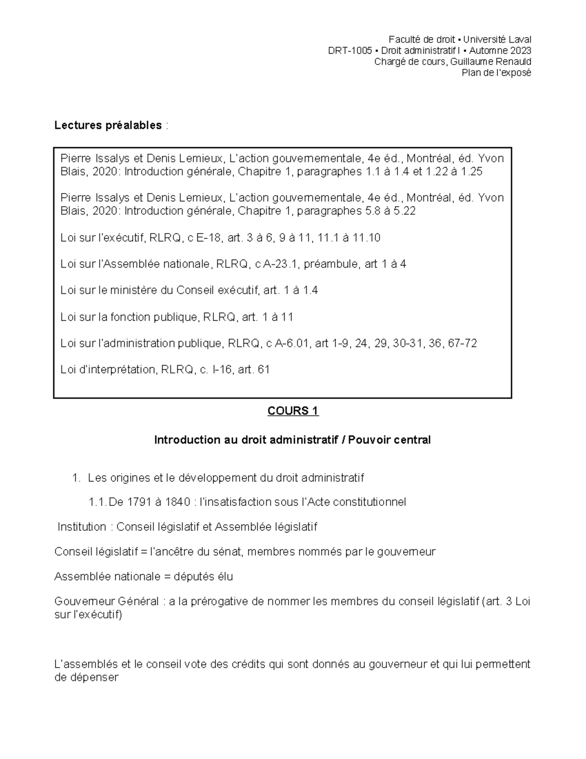 DRT-1005 - Plan de Cours sur Droit Administratif I - Cours 1 Automne ...