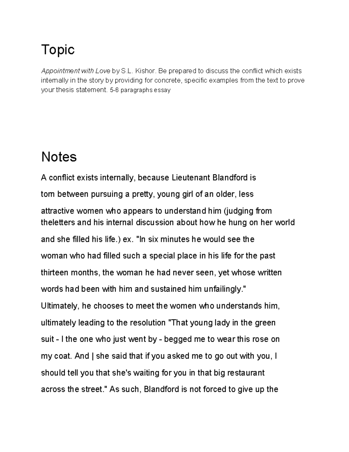 Final Essay Notes on "Appointment with Love" by S.L. Kishor - Studocu