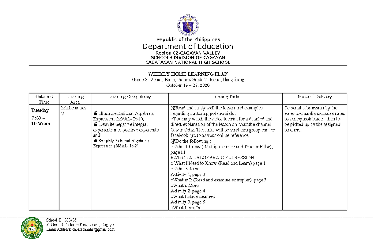 Weekly Home Learning Plan (WLP) for Grade 8: Math & MAPEH Activities ...