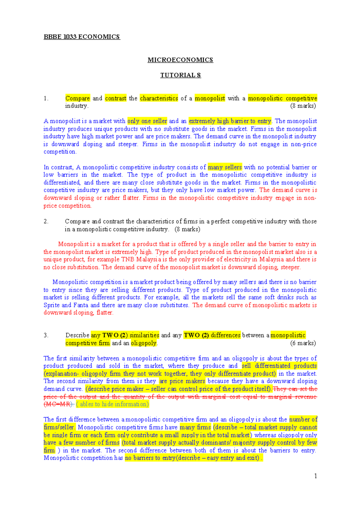 BBBE 1033 Tutorial 8: Characteristics of Oligopoly and Monopolistic ...