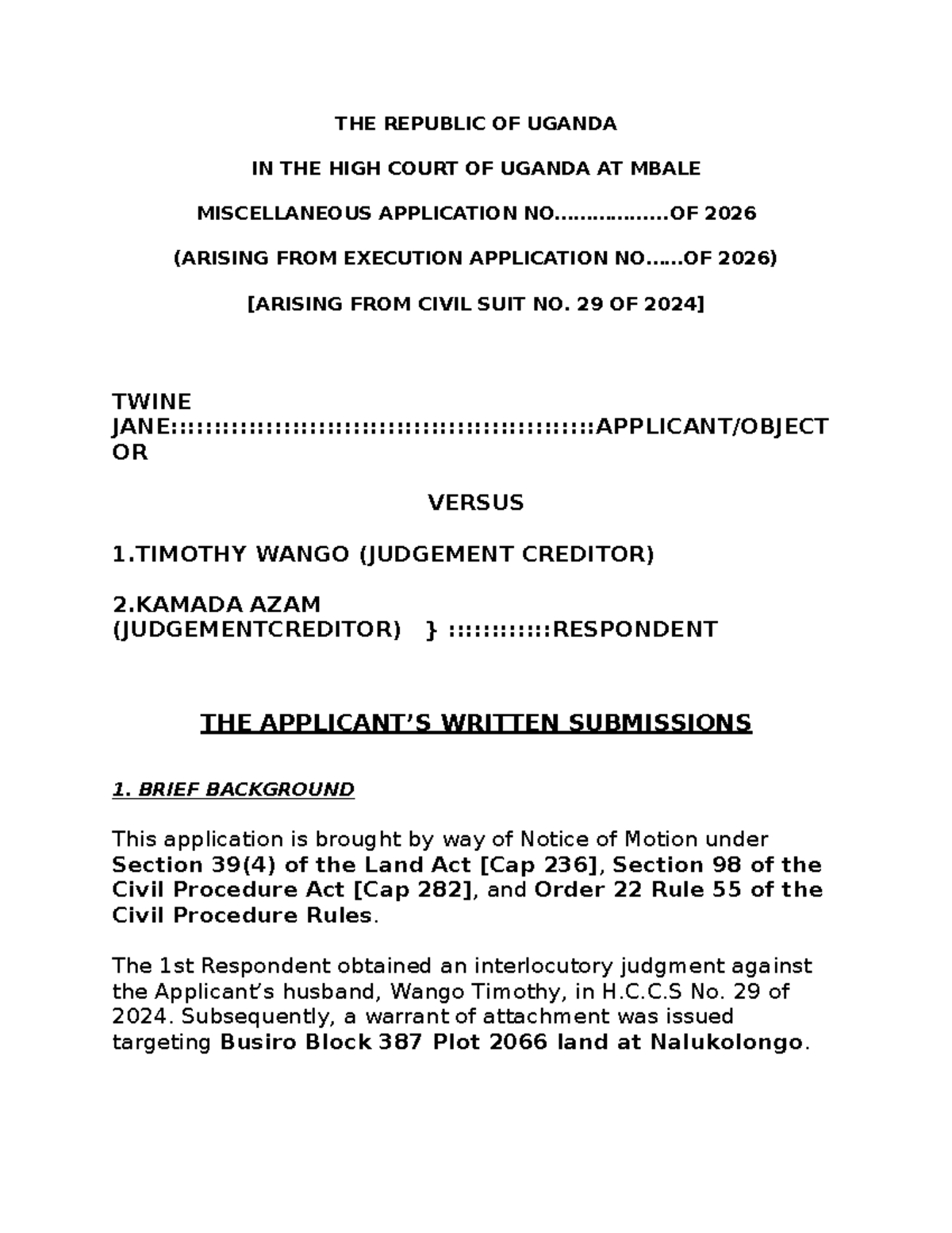 High Court of Uganda: Written Submissions on Misc. App. 2026 - Studocu