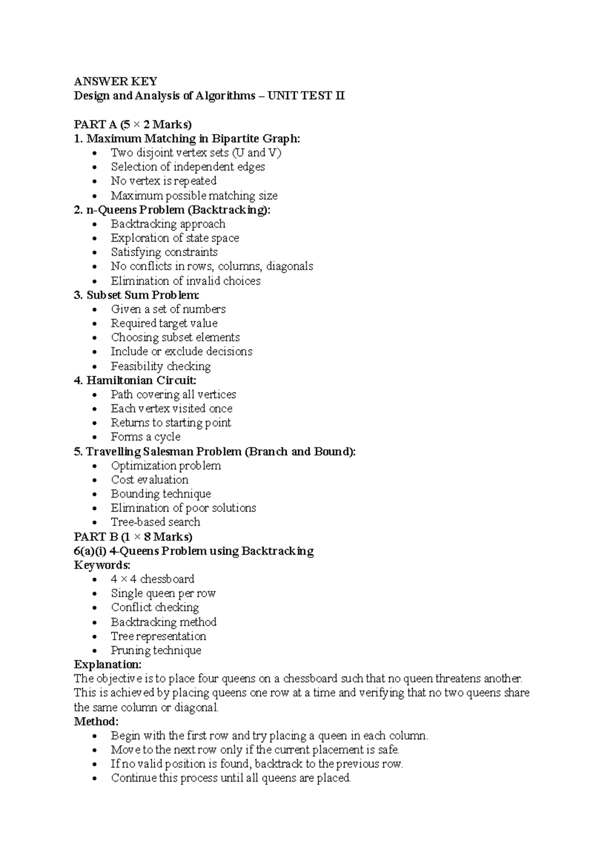 Unit Test II Answer Key - Design and Analysis of Algorithms (DAA) - Studocu