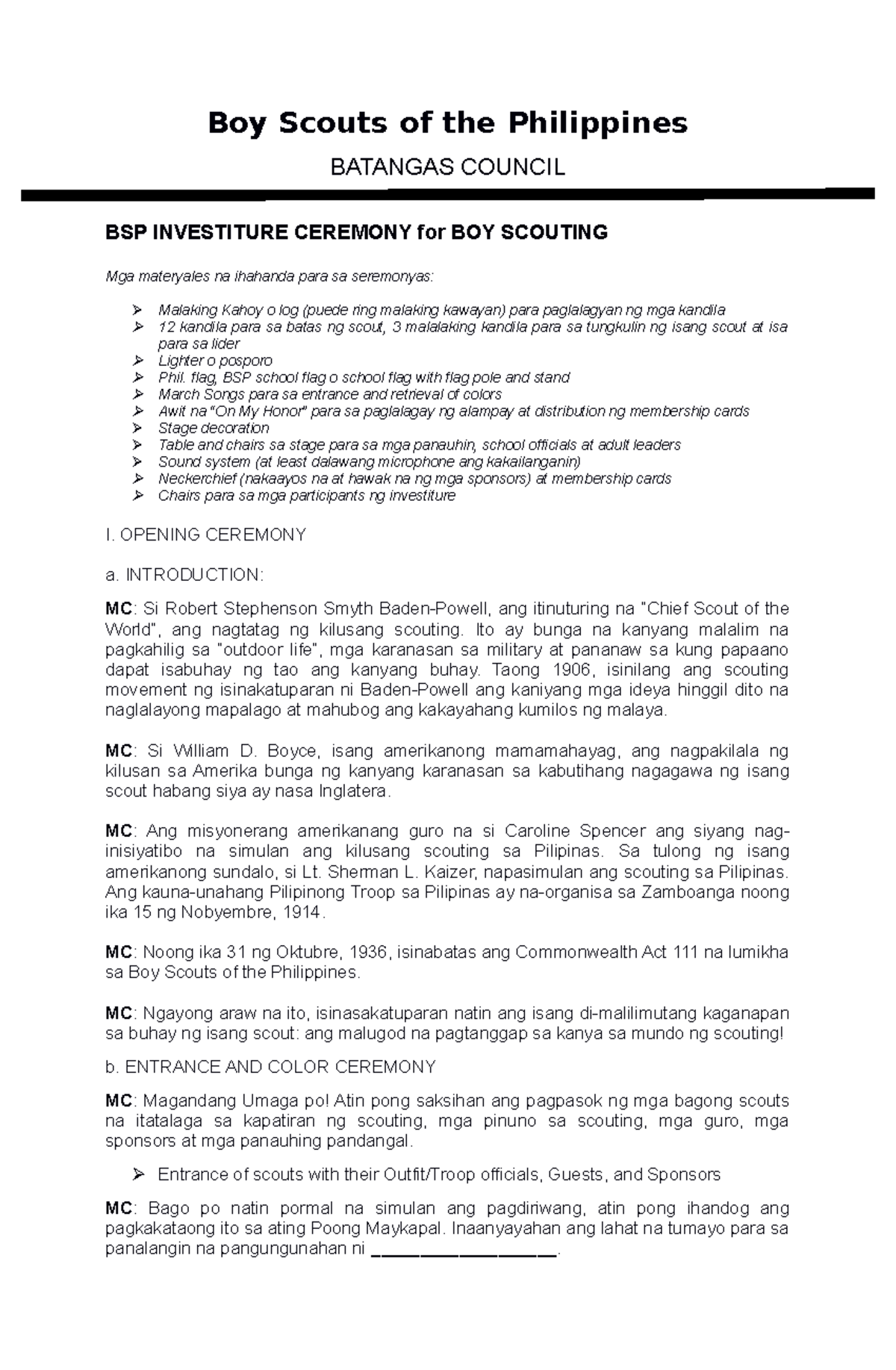 BSP Investiture Ceremony Script for Boy Scouts of the Philippines - Studocu