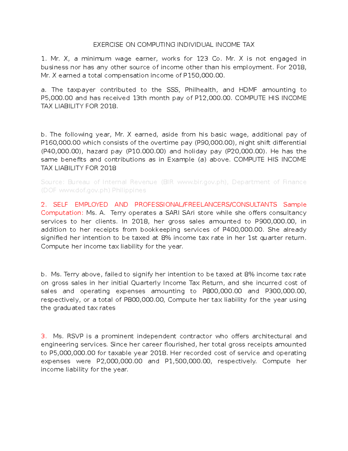 Sample Tax Computation EX - EXERCISE ON COMPUTING INDIVIDUAL INCOME TAX ...