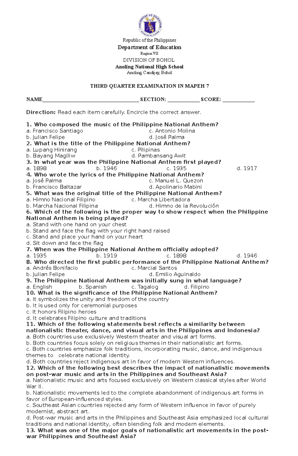MAPEH 7 3rd Quarter Exam Based on MATATAG Curriculum - Studocu