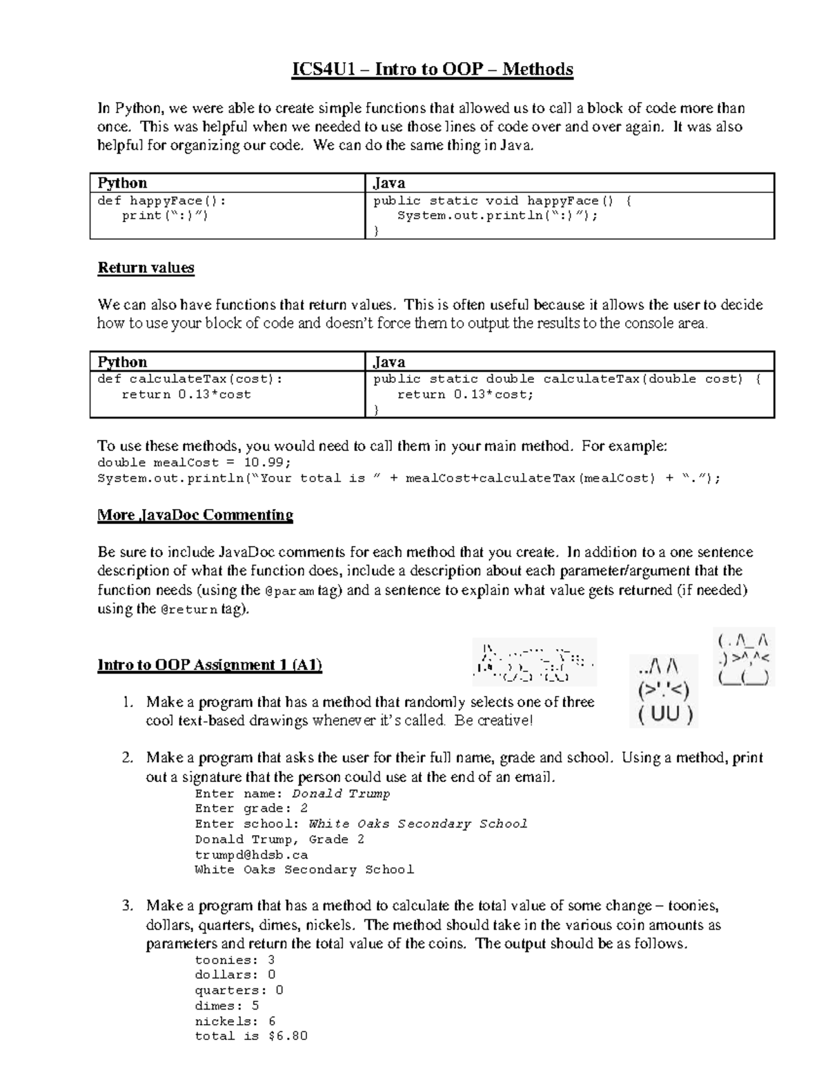 ICS4U1 OOP Methods in Python & Java - Assignment 1 Guide - Studocu