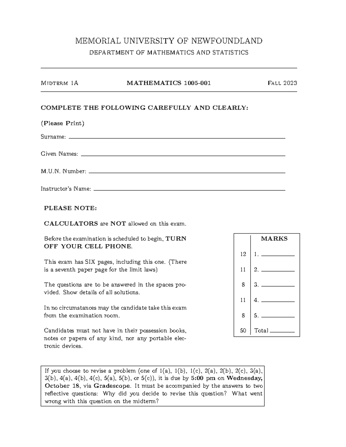 M1 1005 A - practice - MEMORIAL UNIVERSITY OF NEWFOUNDLAND DEPARTMENT ...