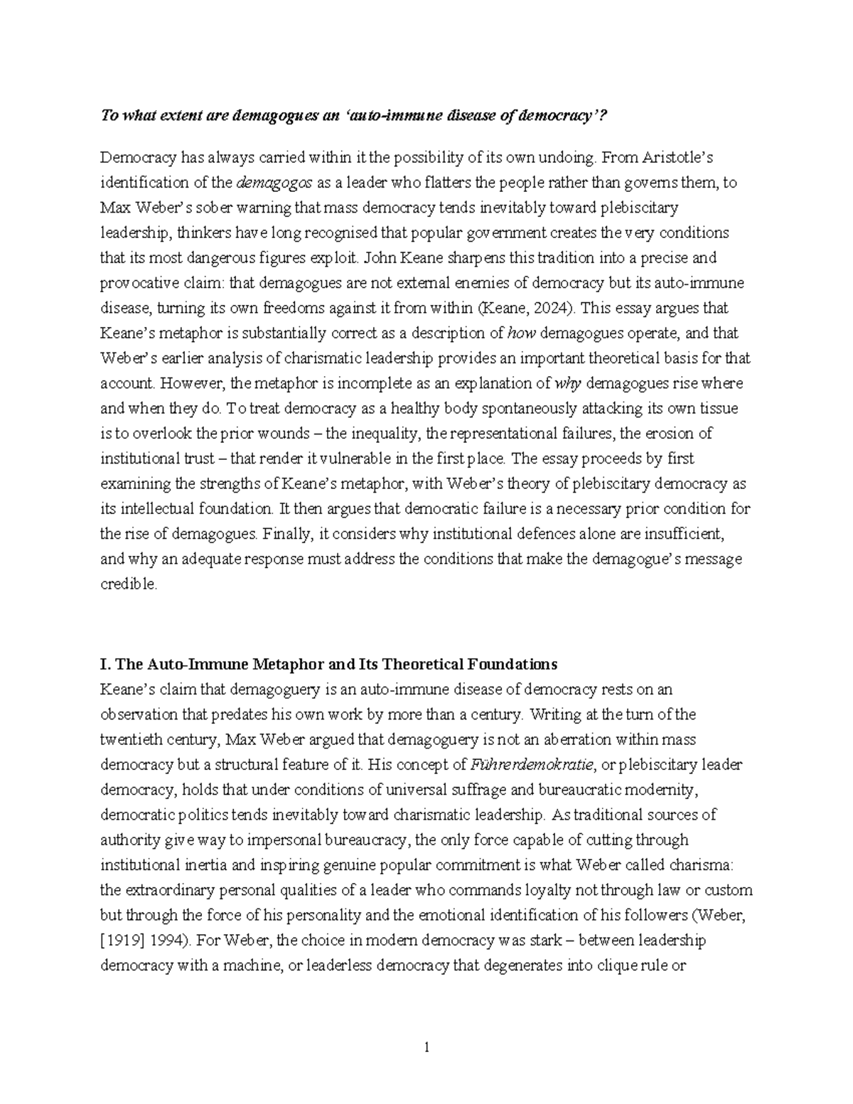 Demagogues and Democracy: An Essay on Charismatic Leadership (POL 101 ...