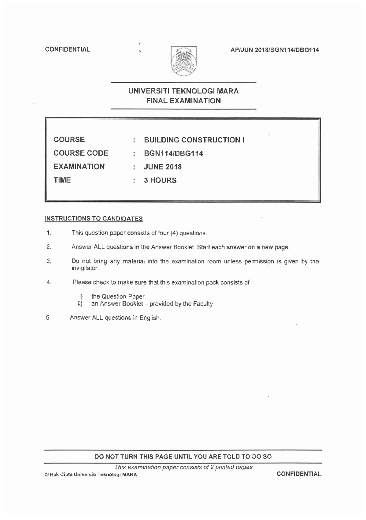 UTM Final Exam: Building Construction I (Course Code: BGN114) - Studocu