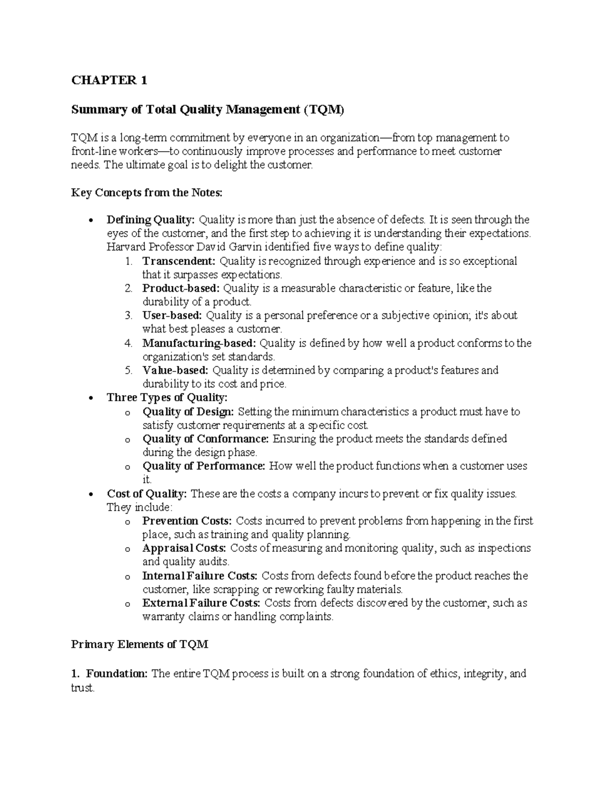 CHAPTER 1, 2, 3 & 5 Summary of Total Quality Management (TQM) - Studocu