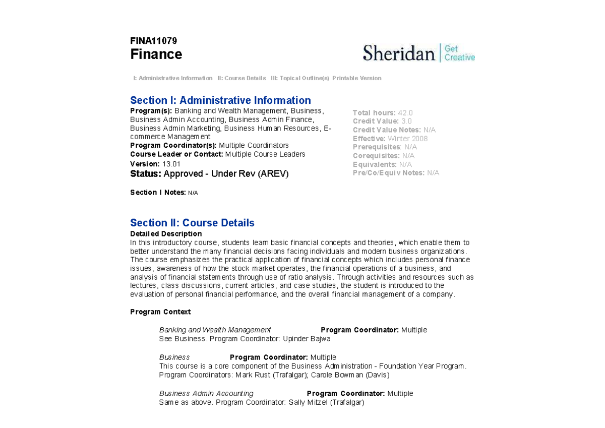 FINA11079 Finance I: Course Outline and Administrative Details - Studocu
