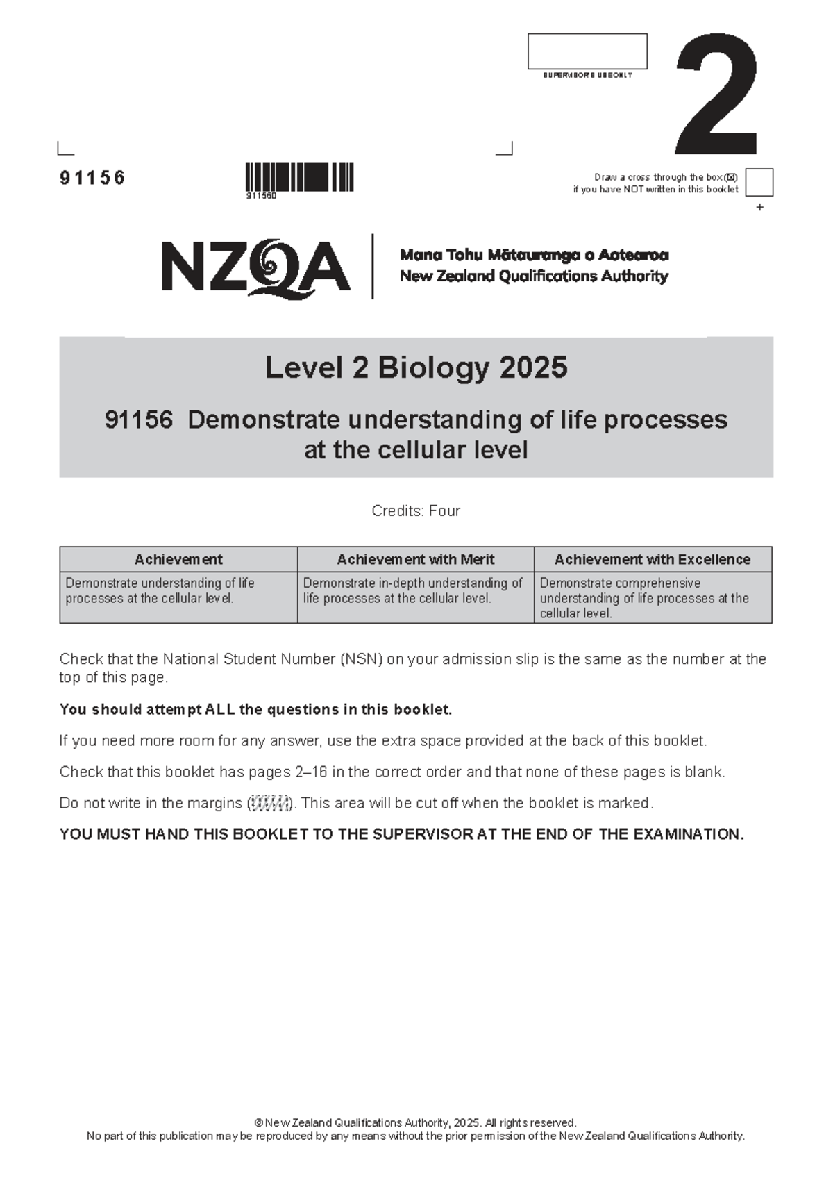 Level 2 Biology 91156 Final Exam 2025 - Studocu
