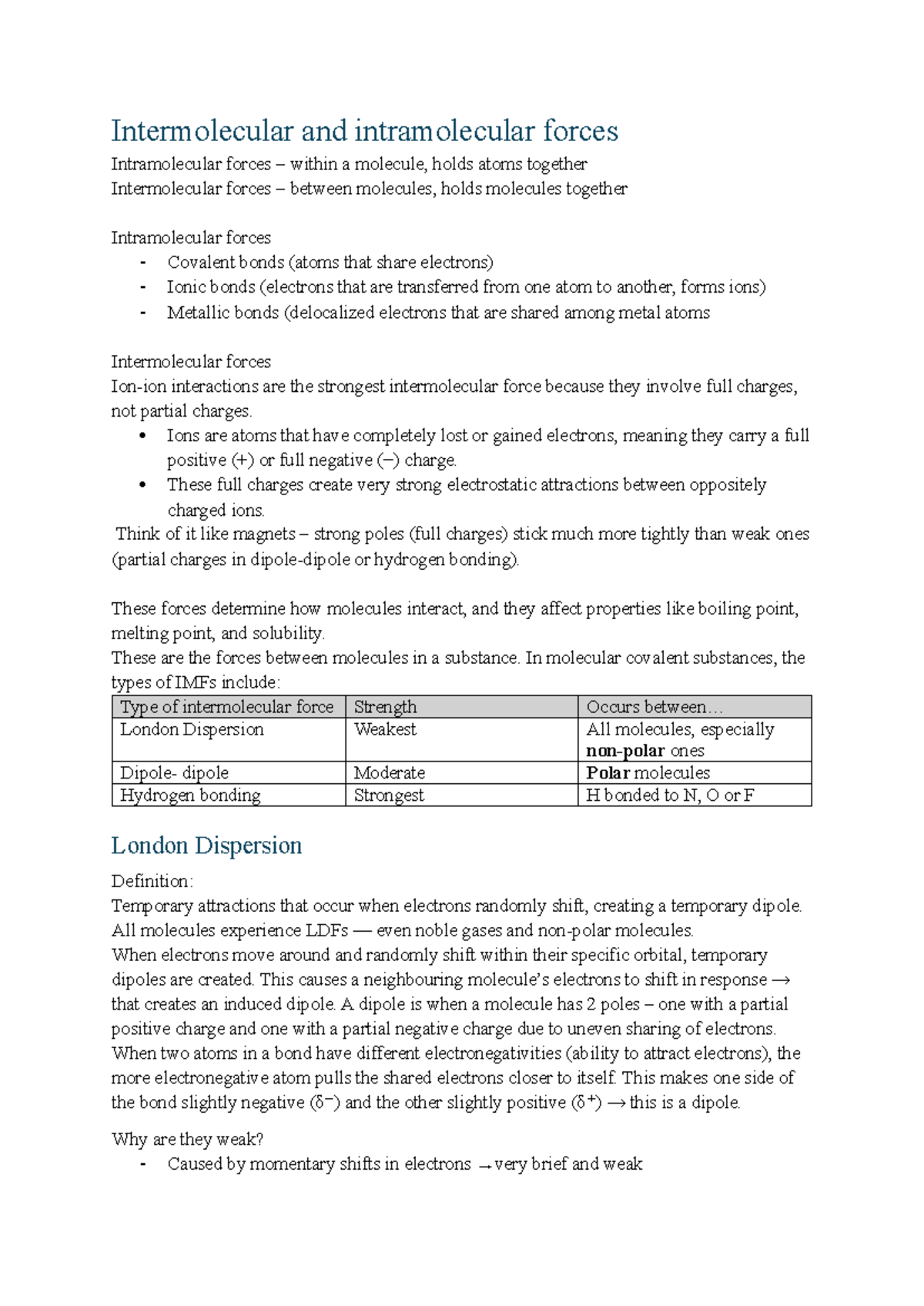 Chem 101: Intermolecular and Intramolecular Forces Explained - Studocu
