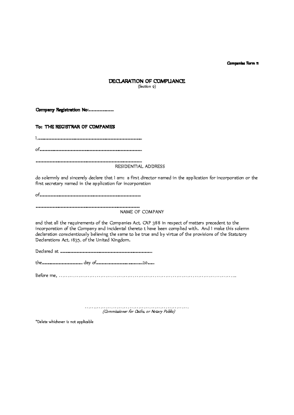 Companies Form 11: Declaration of Compliance for Registration - Studocu