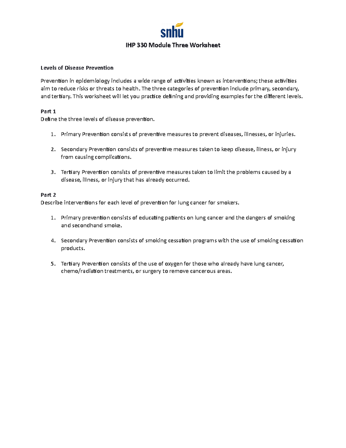 IHP 330 Module #3 Worksheet on Levels of Disease Prevention - Studocu