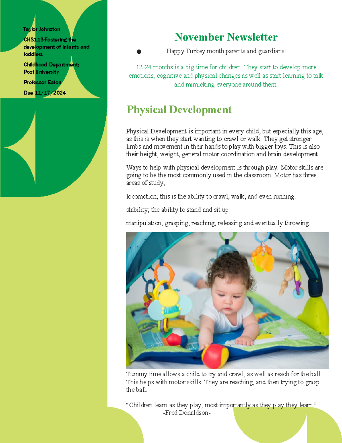 CHS113 - November Newsletter: Development in Infants & Toddlers - Studocu