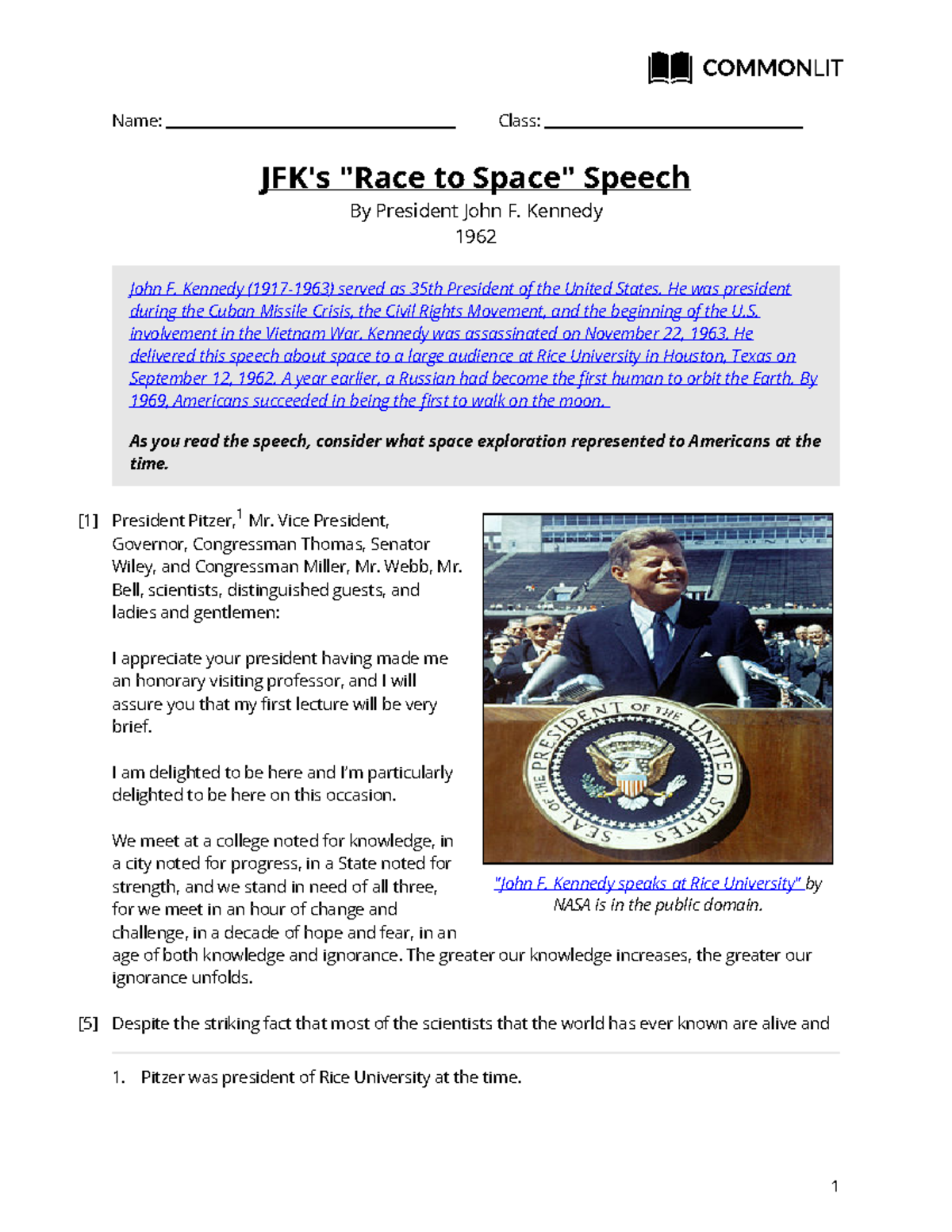 JFK's "Race to Space" Speech Analysis - Teacher Notes - Studocu