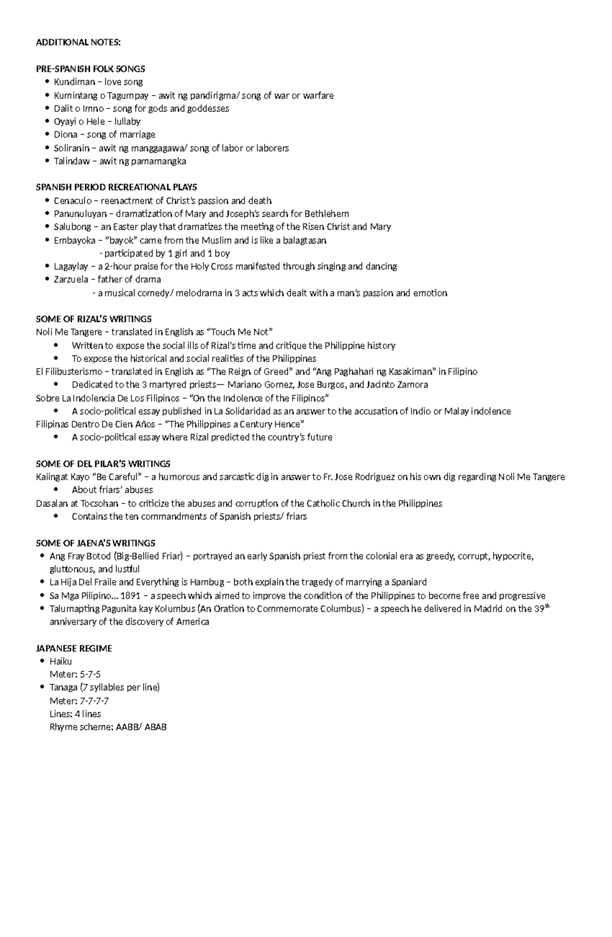 Additional Notes: Literary Periods and Folk Songs - Studocu