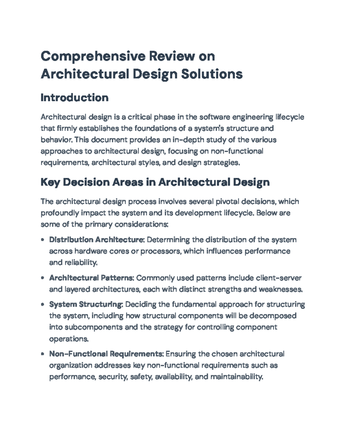 Comprehensive Review of Architectural Design Solutions in SE 101 - Studocu
