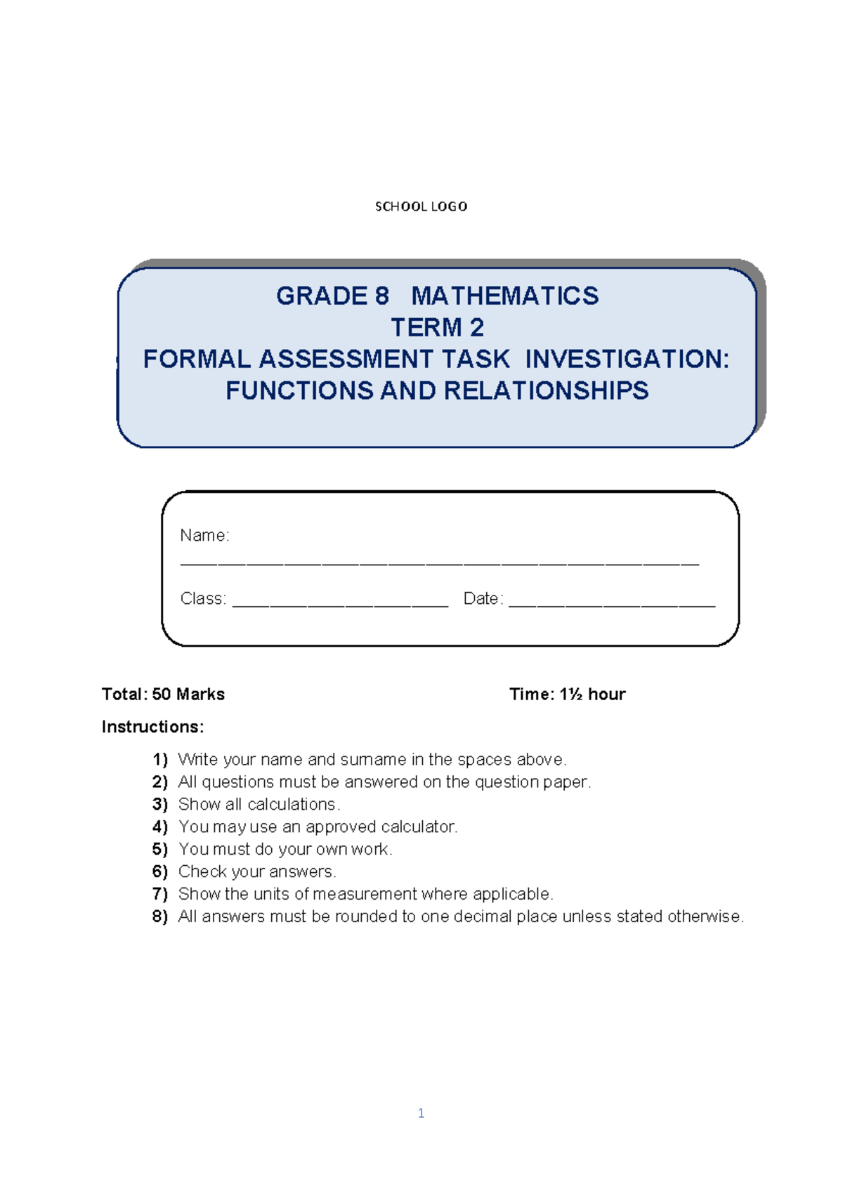 720824605 Grade 8 Term 2 Mathematics Investigation 2023 - Studocu