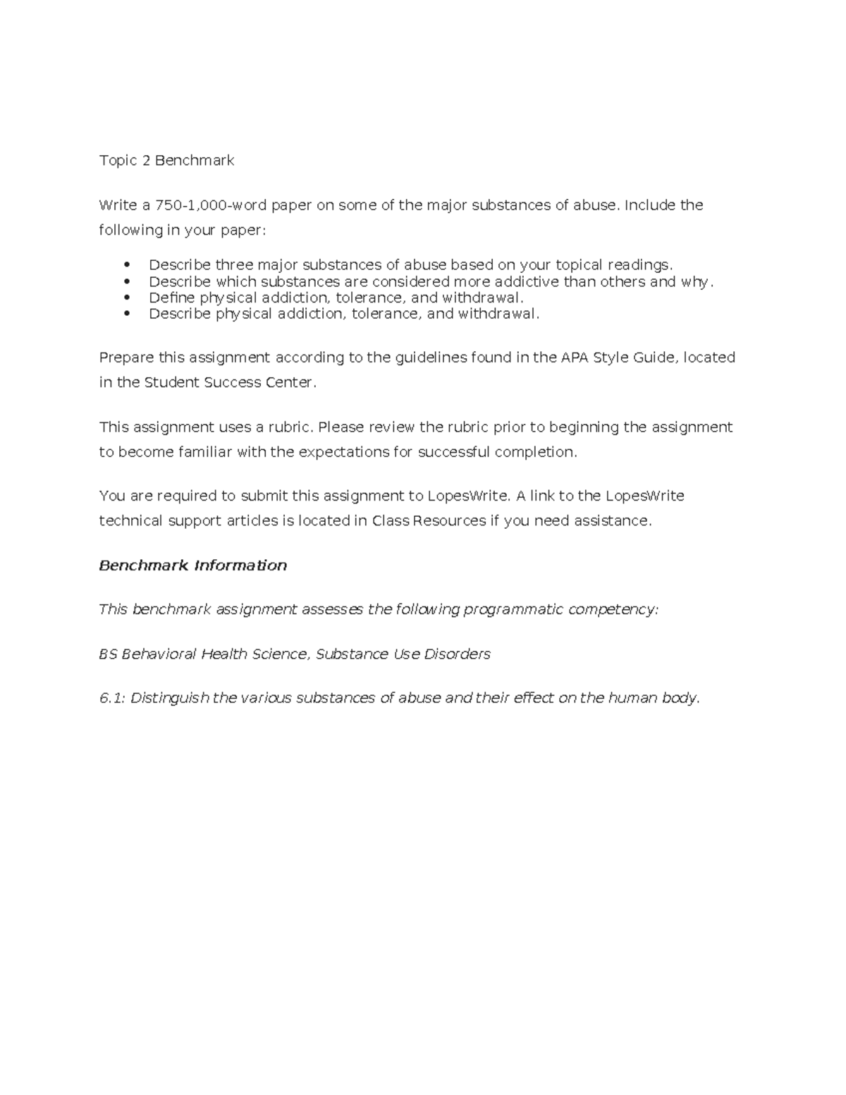 Substance Abuse Benchmark Paper: Major Drugs, Addiction, and Withdrawal - Studocu