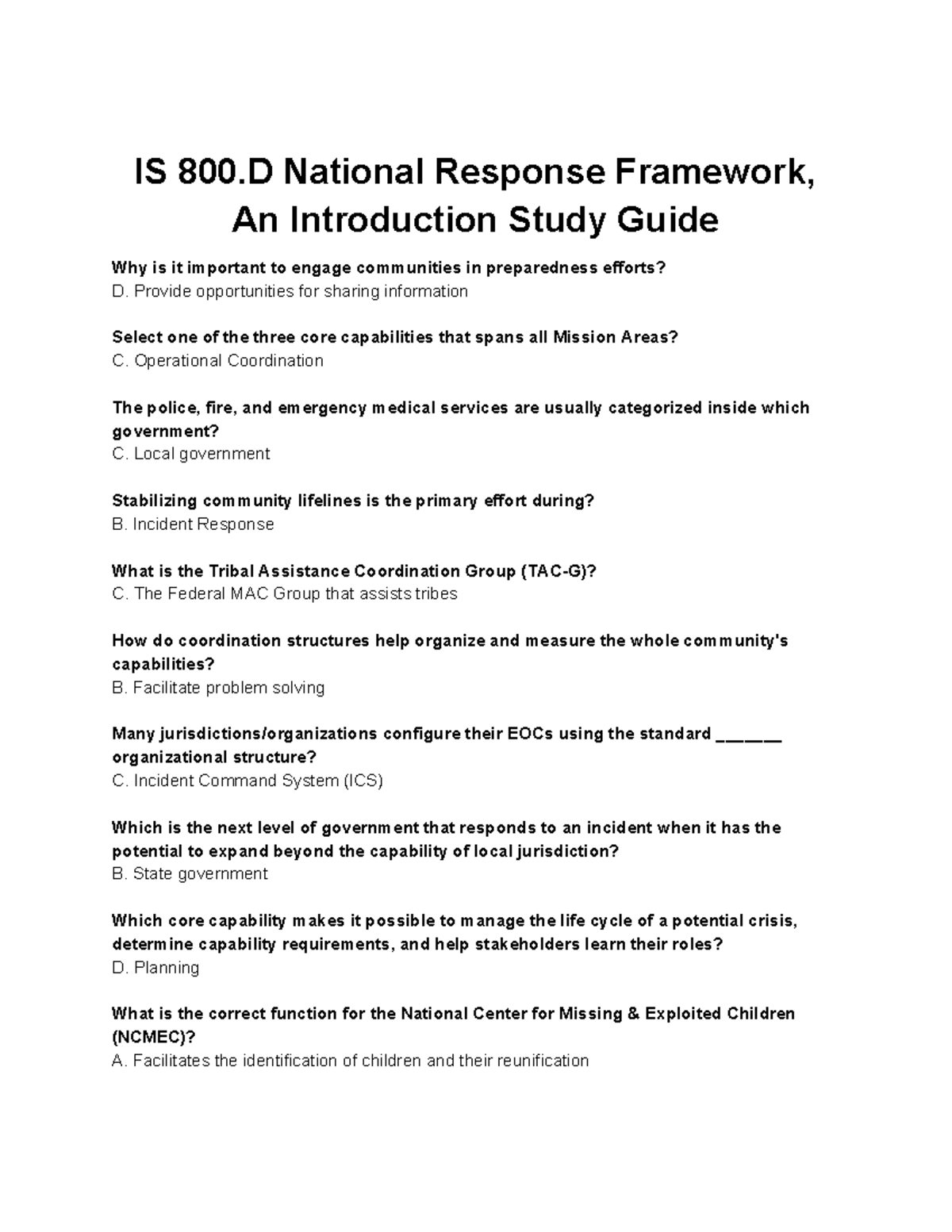 IS-800.D National Response Framework Study Guide: Key Concepts & Roles ...