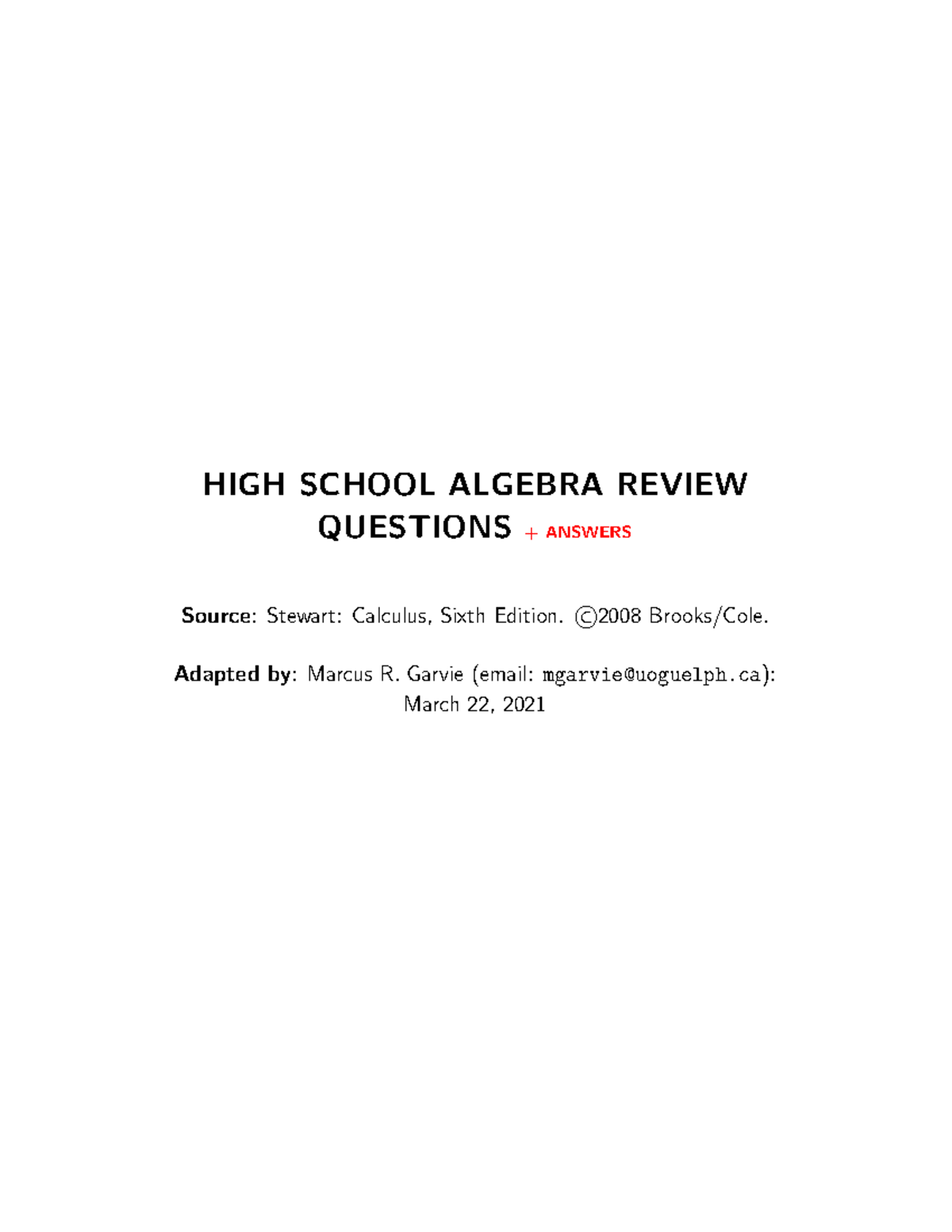 High School Algebra Review - HIGH SCHOOL ALGEBRA REVIEW QUESTIONS ...