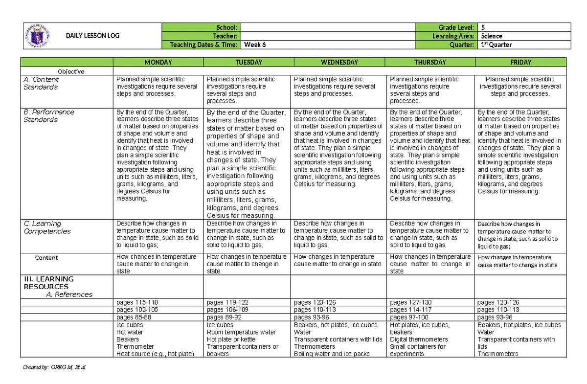 Science 5 Q1 Lesson Log: Understanding Matter in Week 8 - Studocu