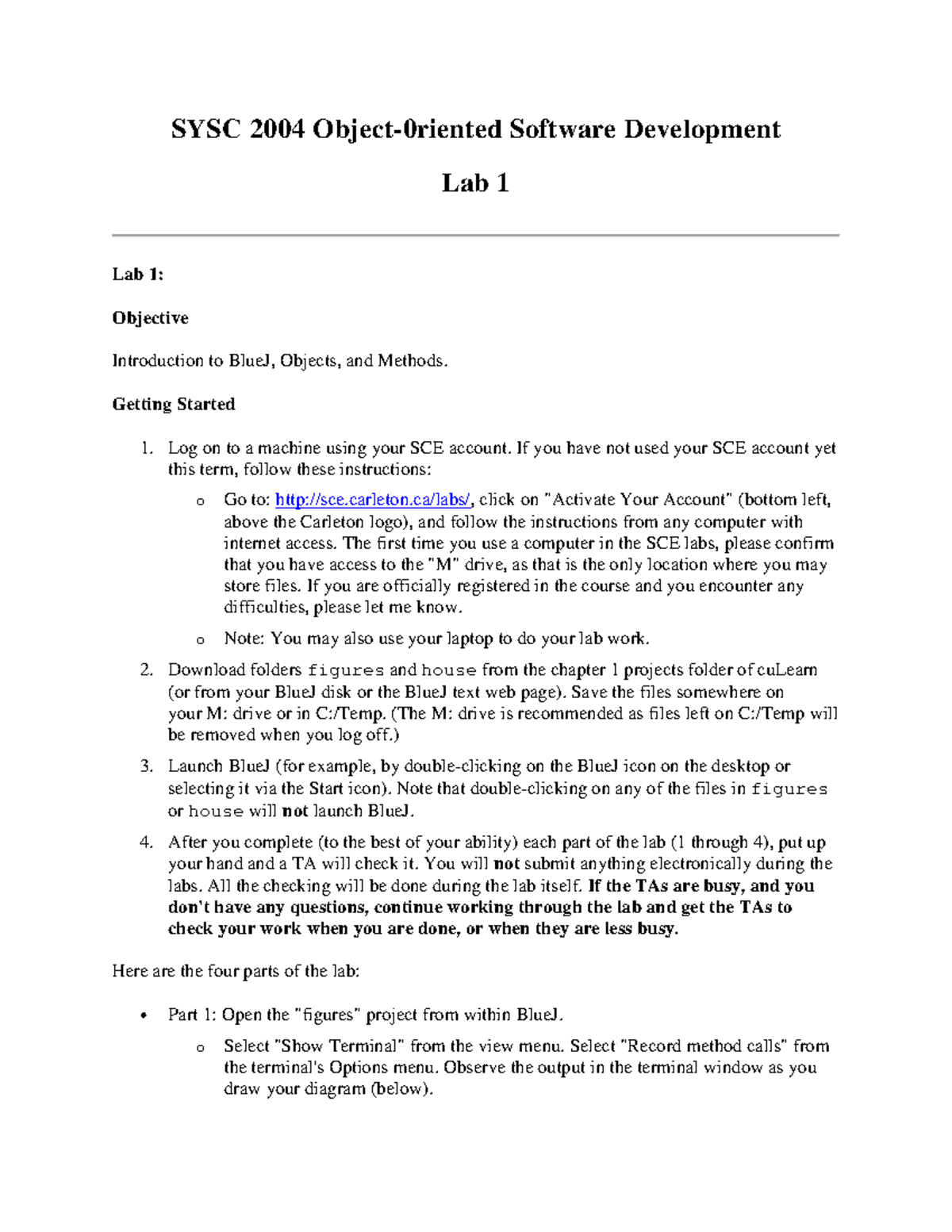 SYSC 2004 Lab 1 - Intro to BlueJ, Objects, and Methods - Studocu