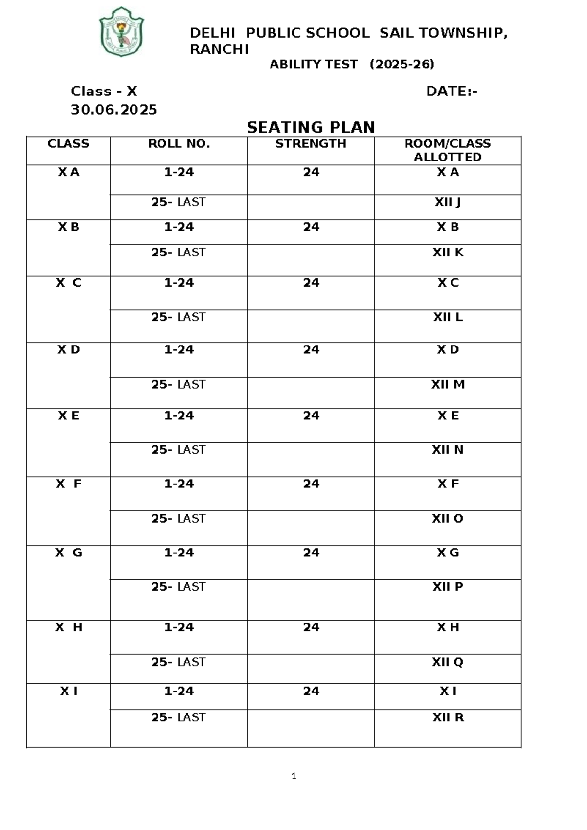 X Seating PLAN Ability TEST 30 - DELHI PUBLIC SCHOOL SAIL TOWNSHIP ...