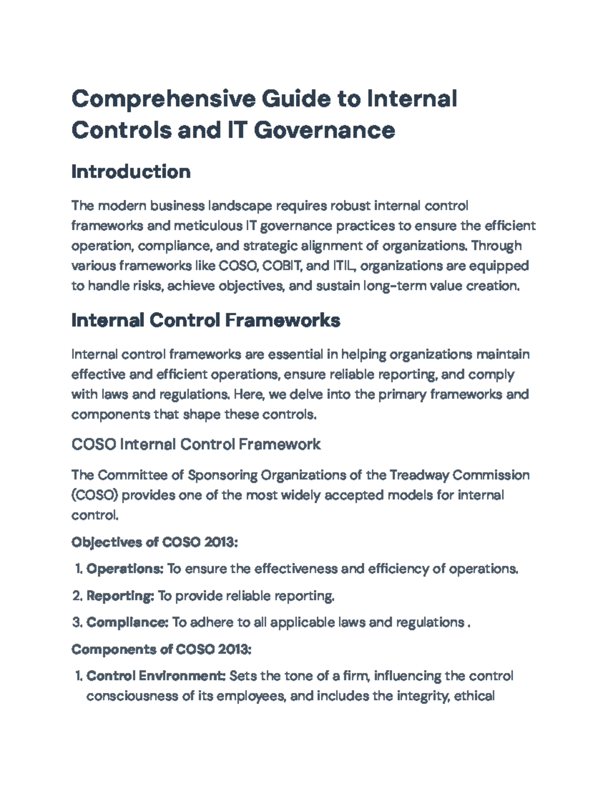 Comprehensive Overview of COSO, COBIT, ITIL, and ISO Frameworks - Studocu