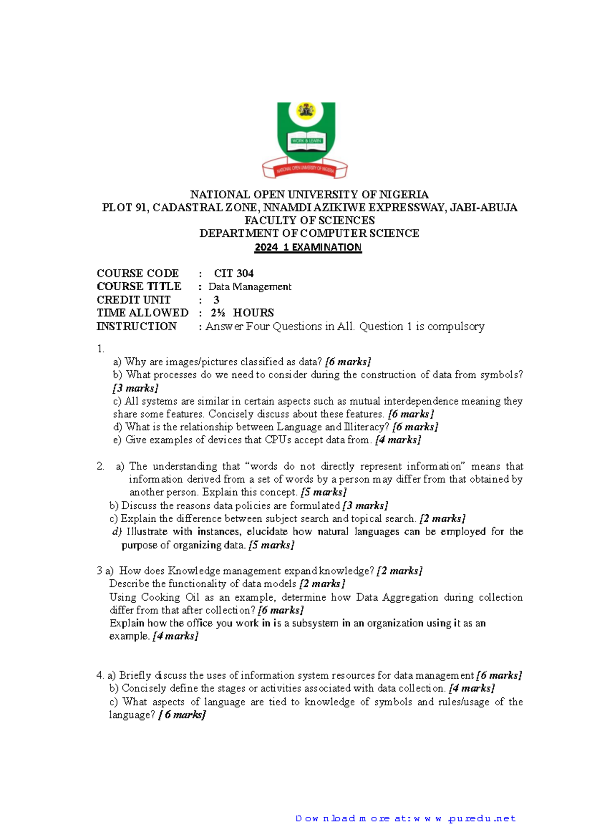 CIT 304 2024_1 Data Management Past Exam Questions and Answers - Studocu