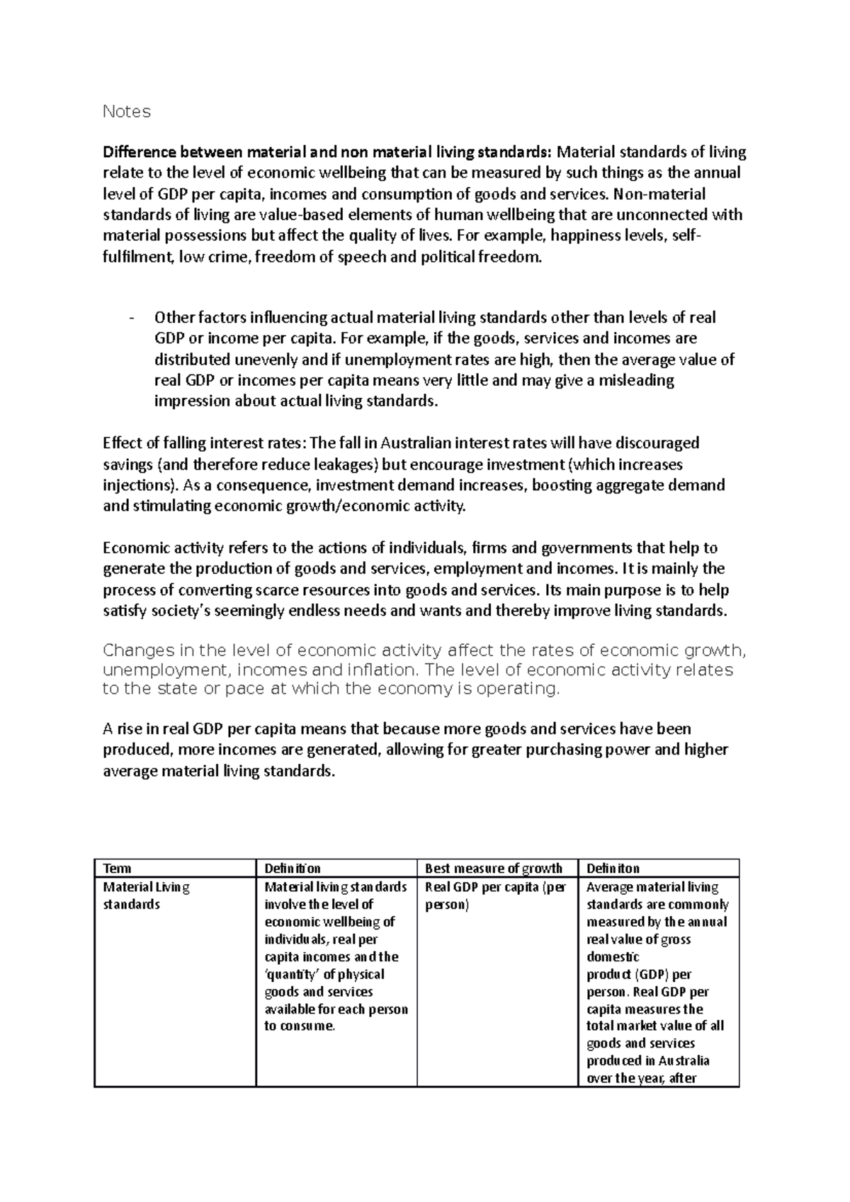 Ecnomc Exam Notes: Material vs Non-Material Living Standards - Studocu