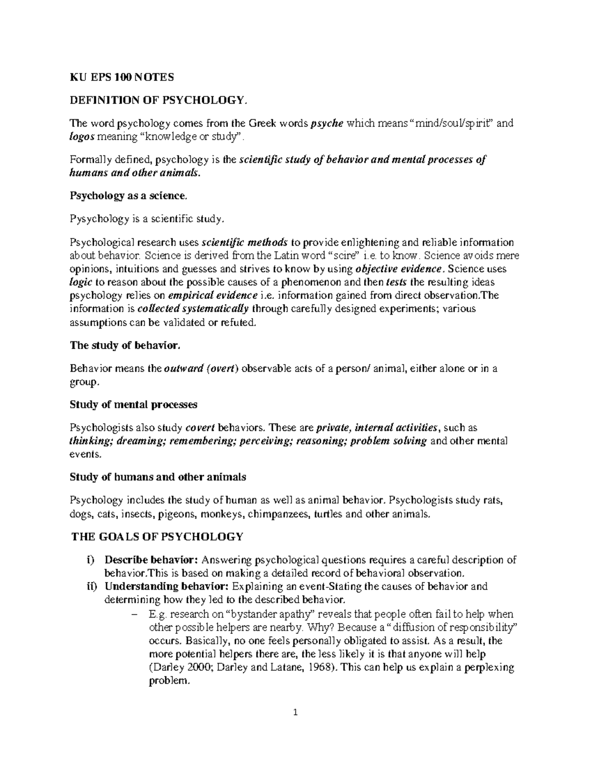 EPS 110 Psychology Notes: Understanding Behavior & Mental Processes ...