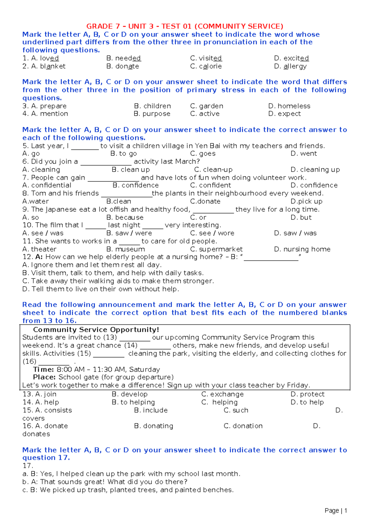 GRADE 7 UNIT 3 TEST 01 & 02 (COMMUNITY SERVICE) - ANSWERS INCLUDED ...