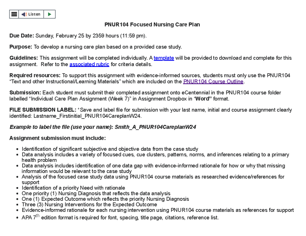 Individual Care Plan Assignment Instructions for PNUR104 - 24W - Studocu
