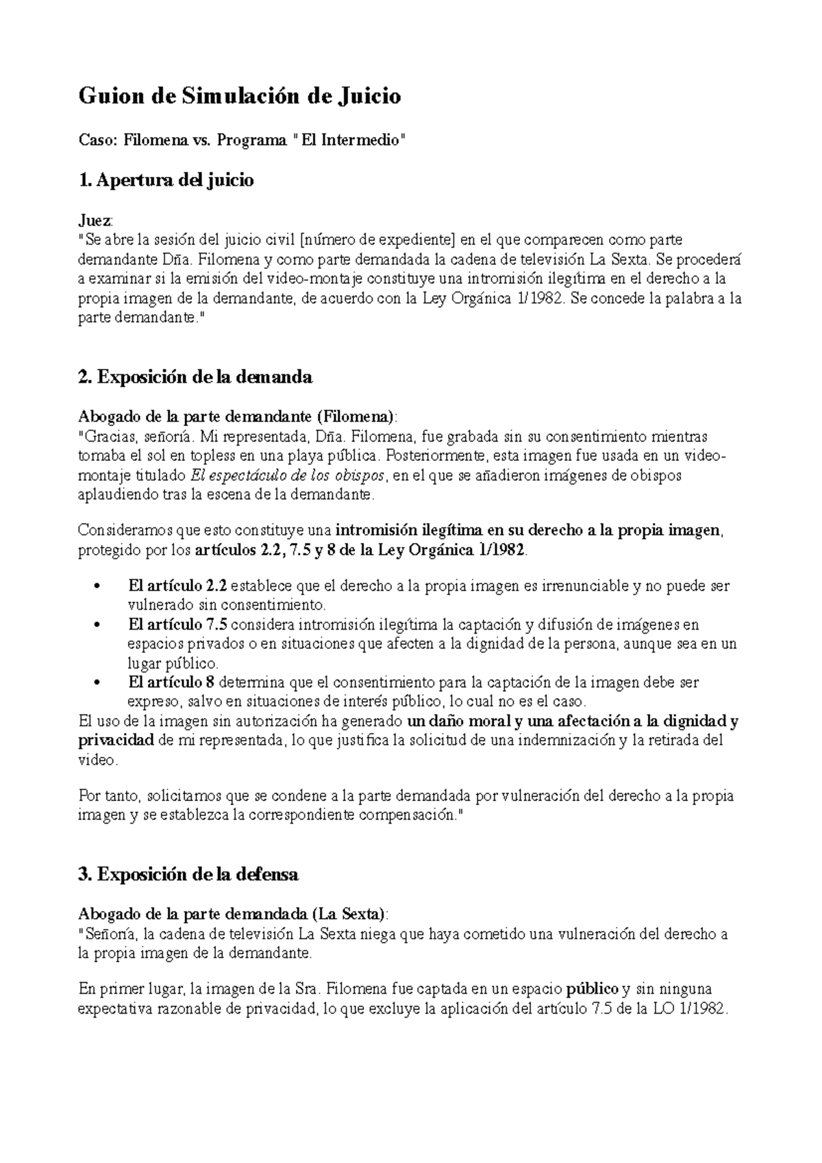 Práctica de Juicio Civil: Caso Filomena vs. La Sexta - Studocu