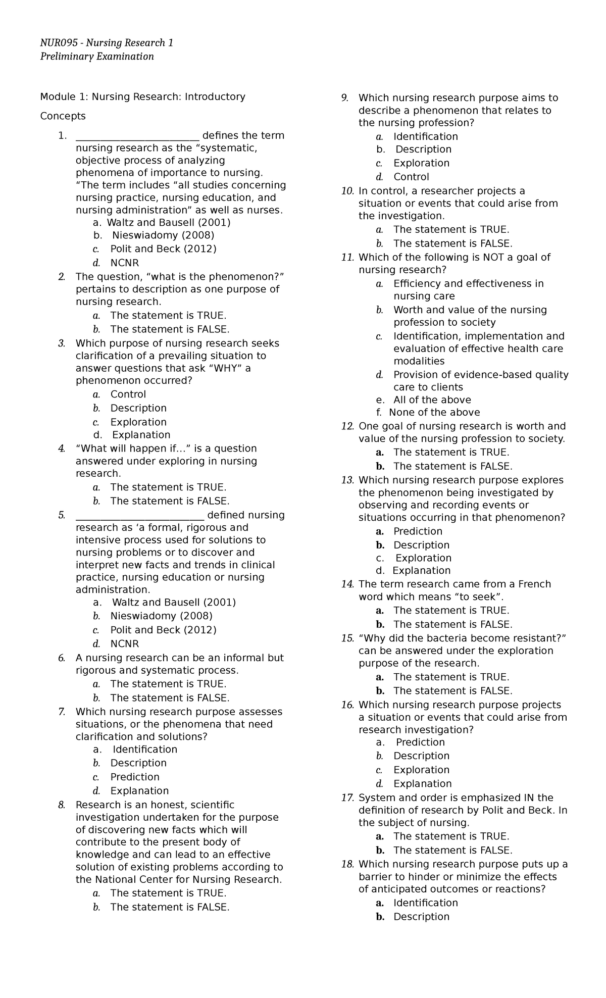 NUR095 Nursing Research 1 Preliminary Exam Module 1: Key Concepts ...