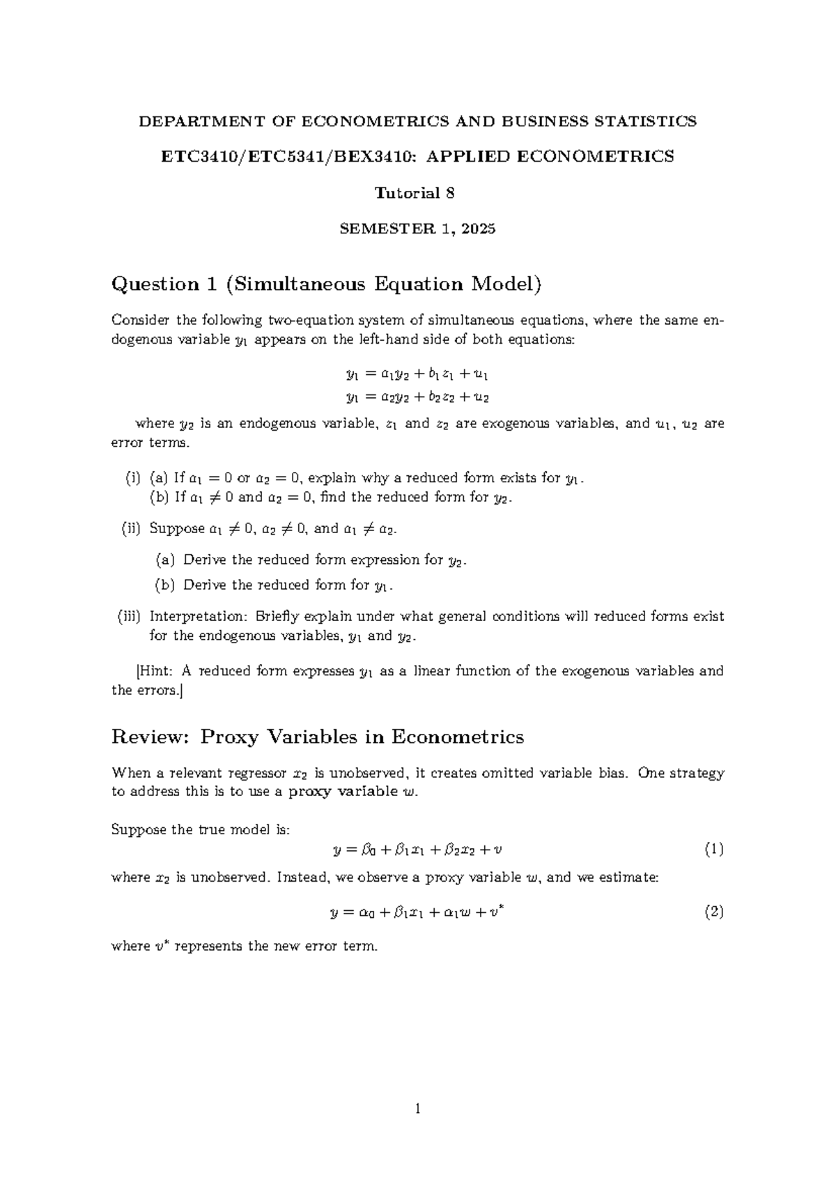 Applied Econometrics Tutorial 8 Solutions (SEM 1, 2025) - Studocu