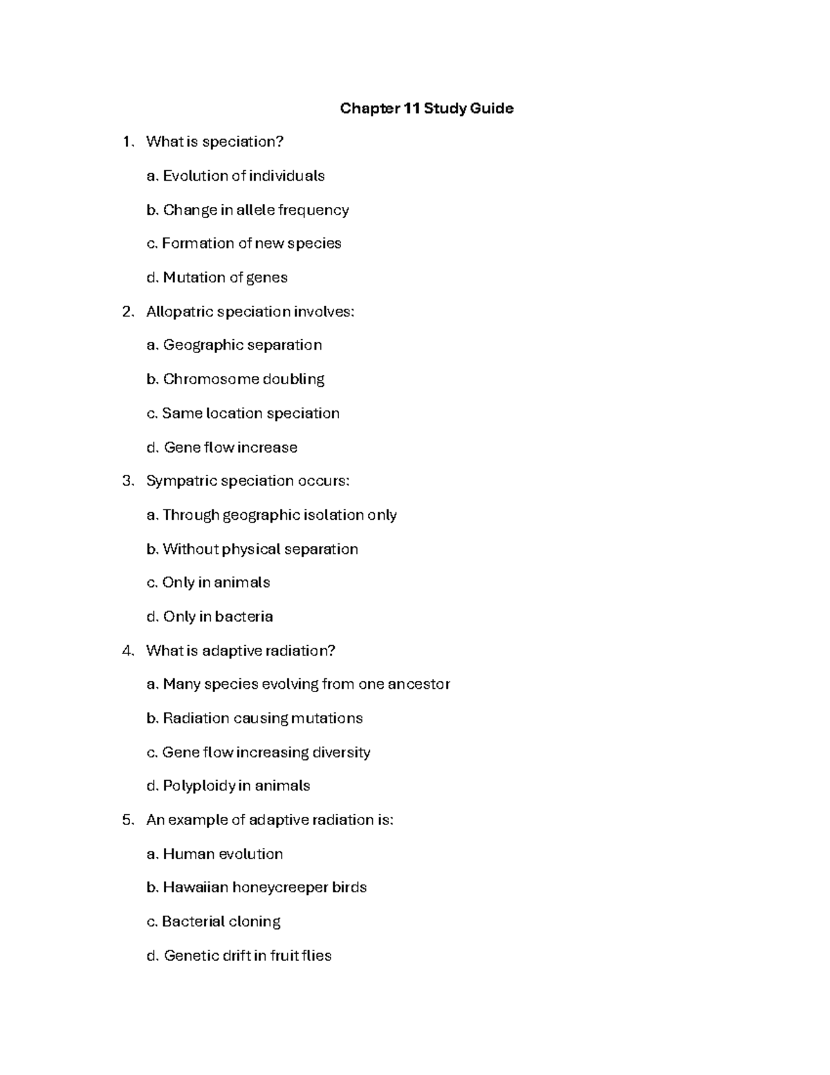 Chapter 11 Study Guide: Speciation & Evolution Concepts - Studocu