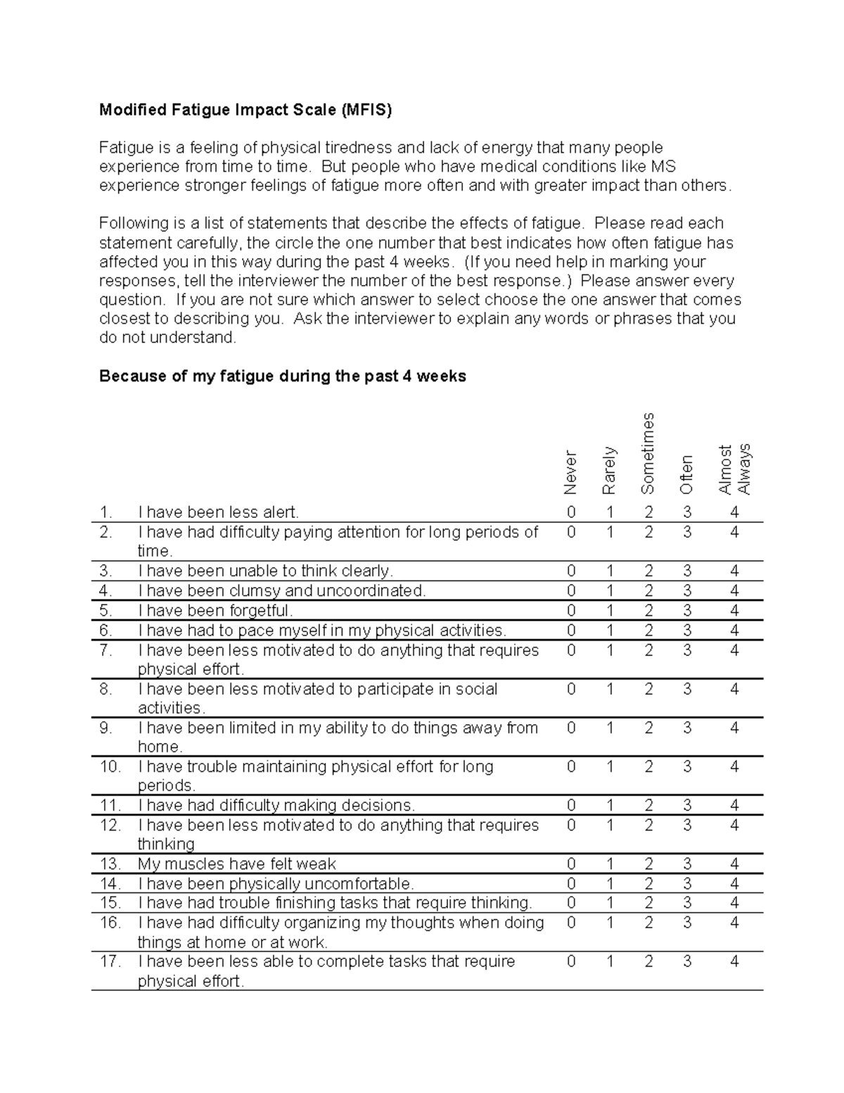 Modified Fatigue Impact Scale (MFIS) Assessment Guide - Studocu