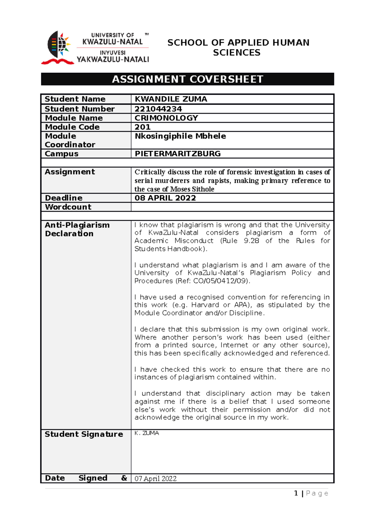 ZUMA Kwandile Criminology 201 Assignment - SCHOOL OF APPLIED HUMAN SCIENCES ASSIGNMENT ...