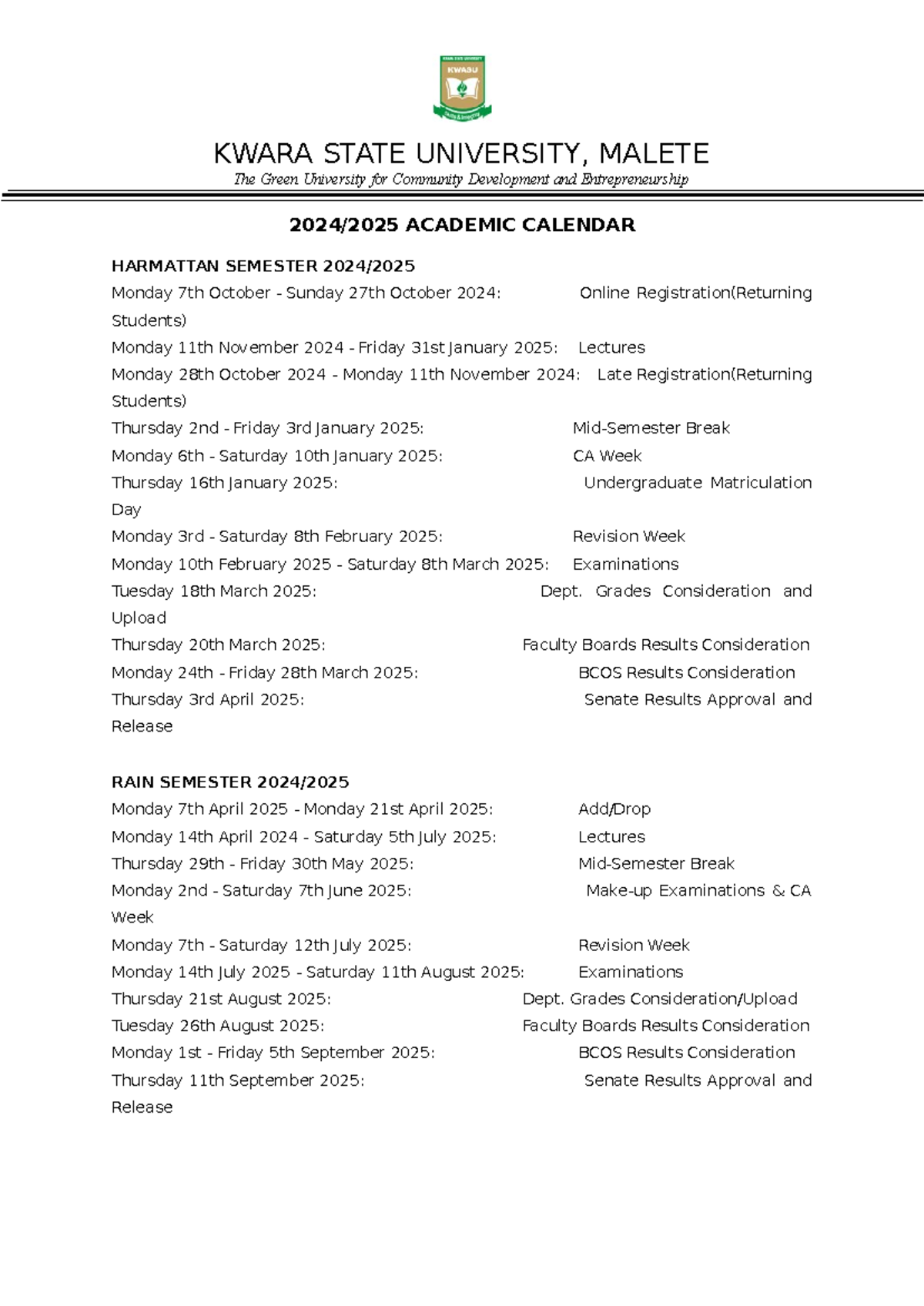 Kwasu Academic Calendar 2024/2025: Semester Dates & Events - Studocu