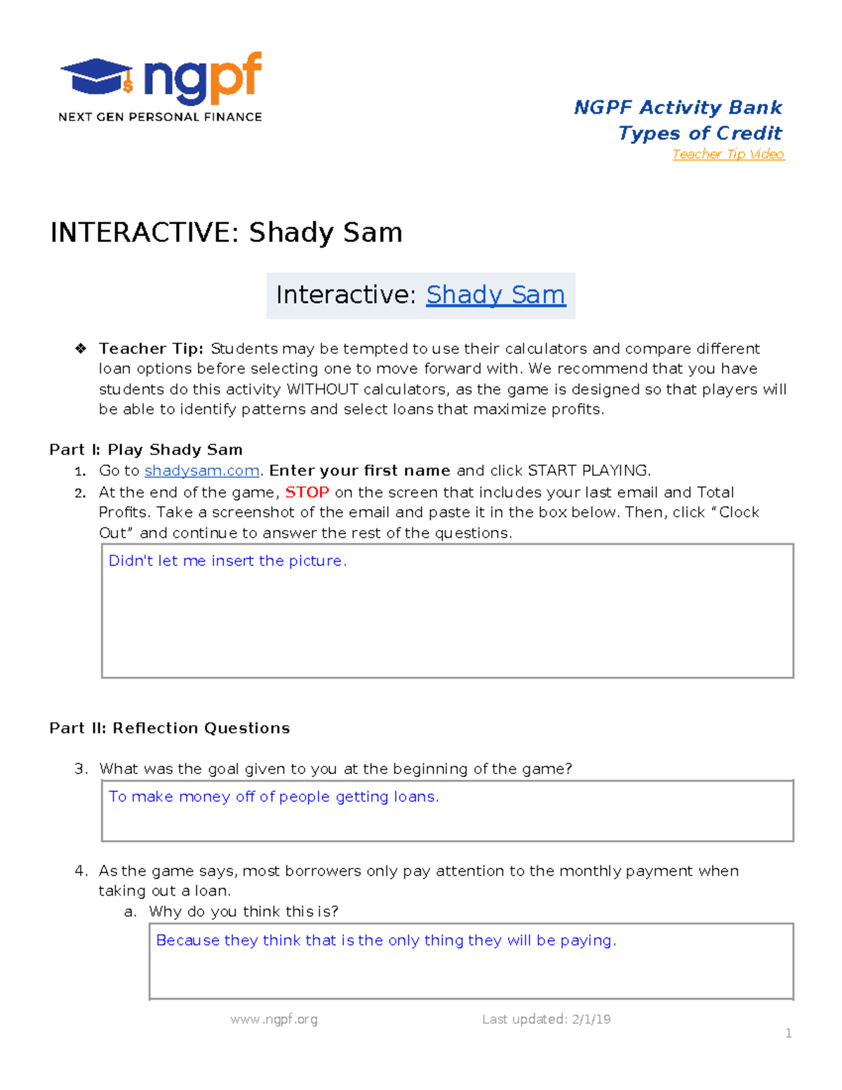 Interactive Shady Sam 4 - NGPF Activity Bank Types of Credit Teacher ...